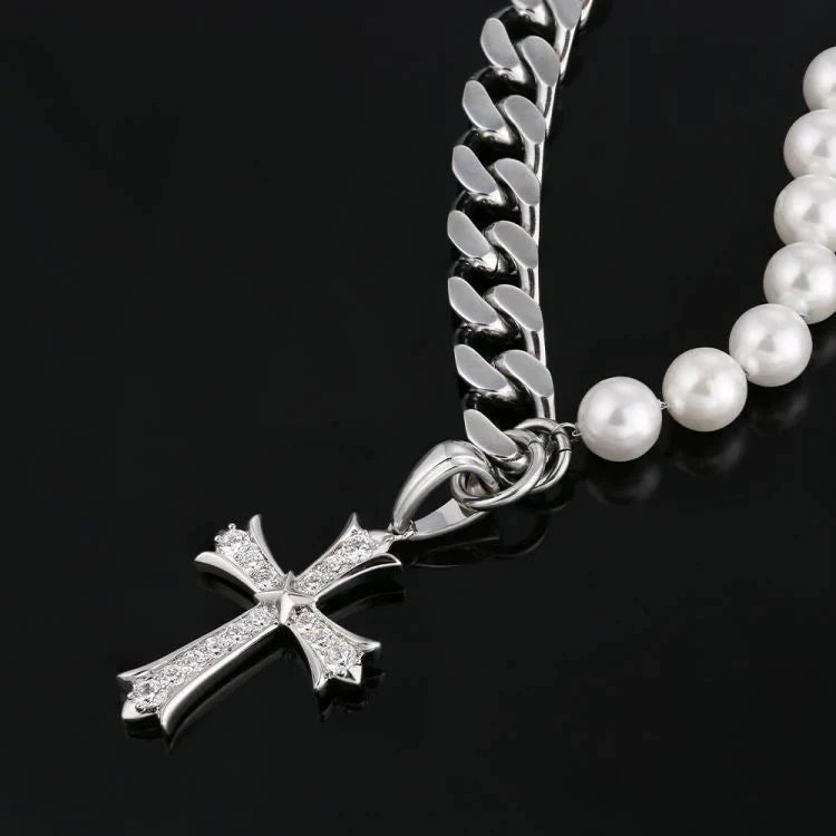 The Faith® - Cuban Link Pearl Necklace in White Gold with Diamond Cros ...